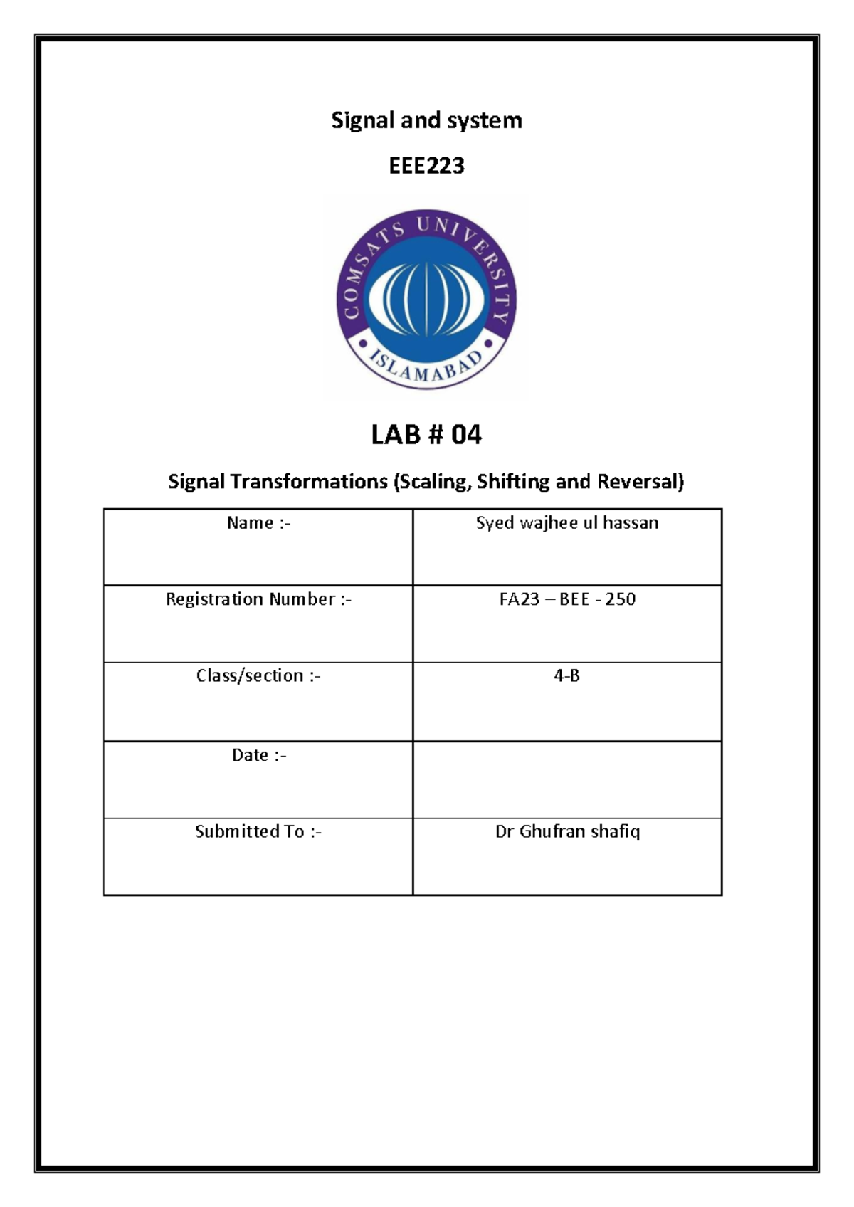 Lab 04 - Signal Transformations: Scaling, Shifting & Reversal - Studocu
