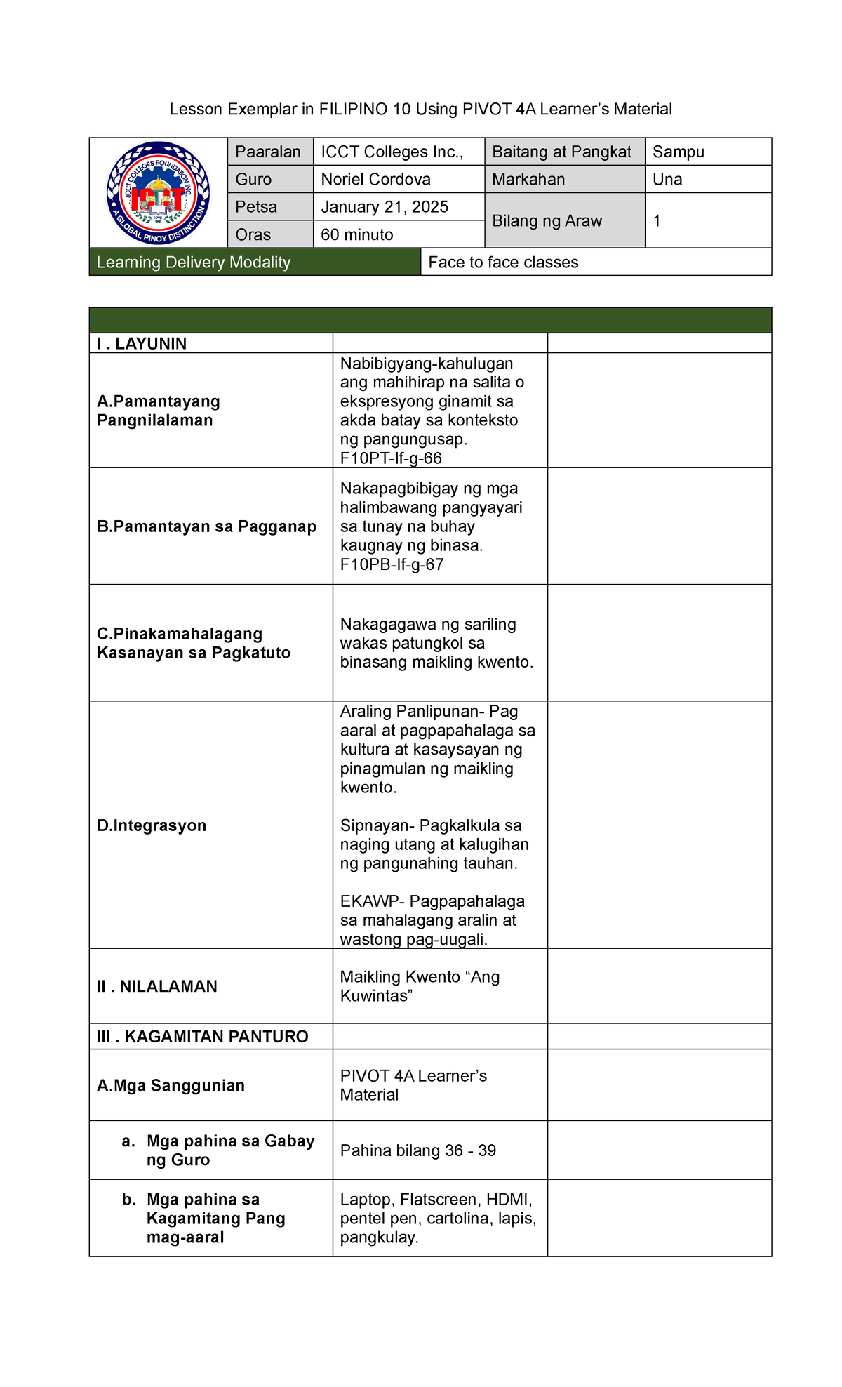 PIVOT 4A Filipino 10 Lesson Plan Exemplar by Noriel Cordova - Studocu