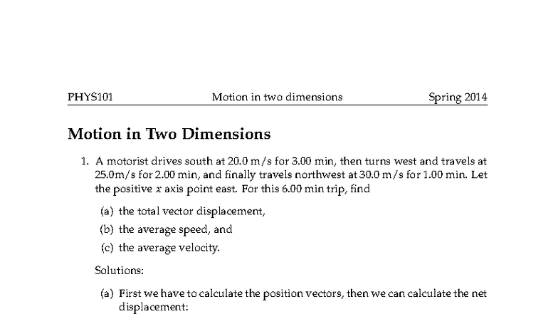 PHYS101 Final Exam Solutions: Motion in Two Dimensions Spring 2014 ...
