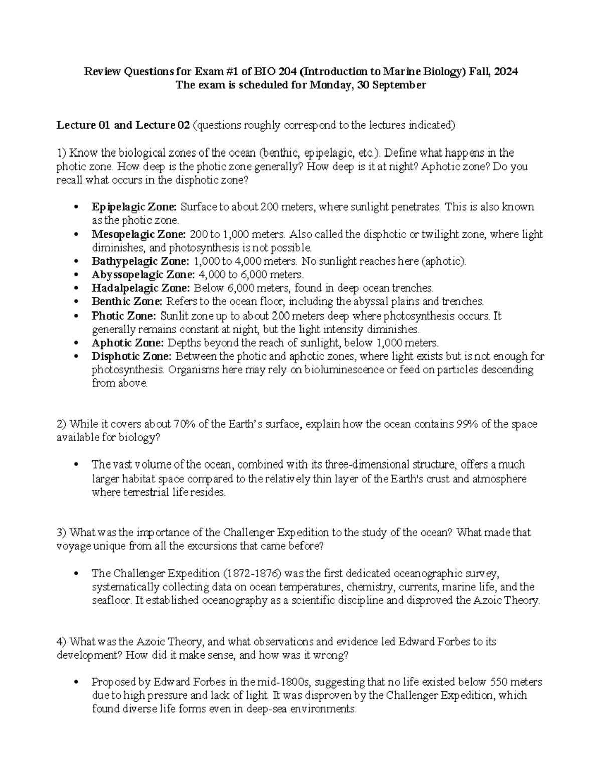 Review Questions for BIO 204 Midterm Exam - Marine Biology Fall 2024 ...