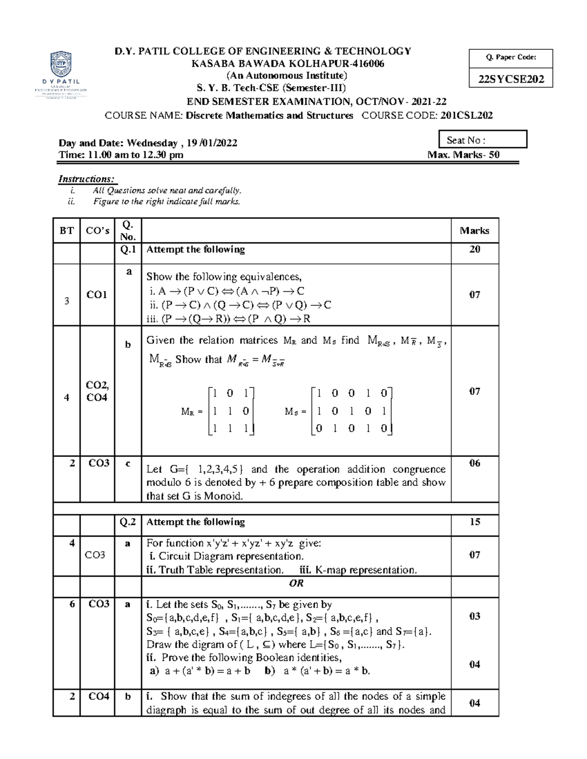 DMS Subjective Question Paper - KASABA BAWADA 22SYCSE202 - Studocu