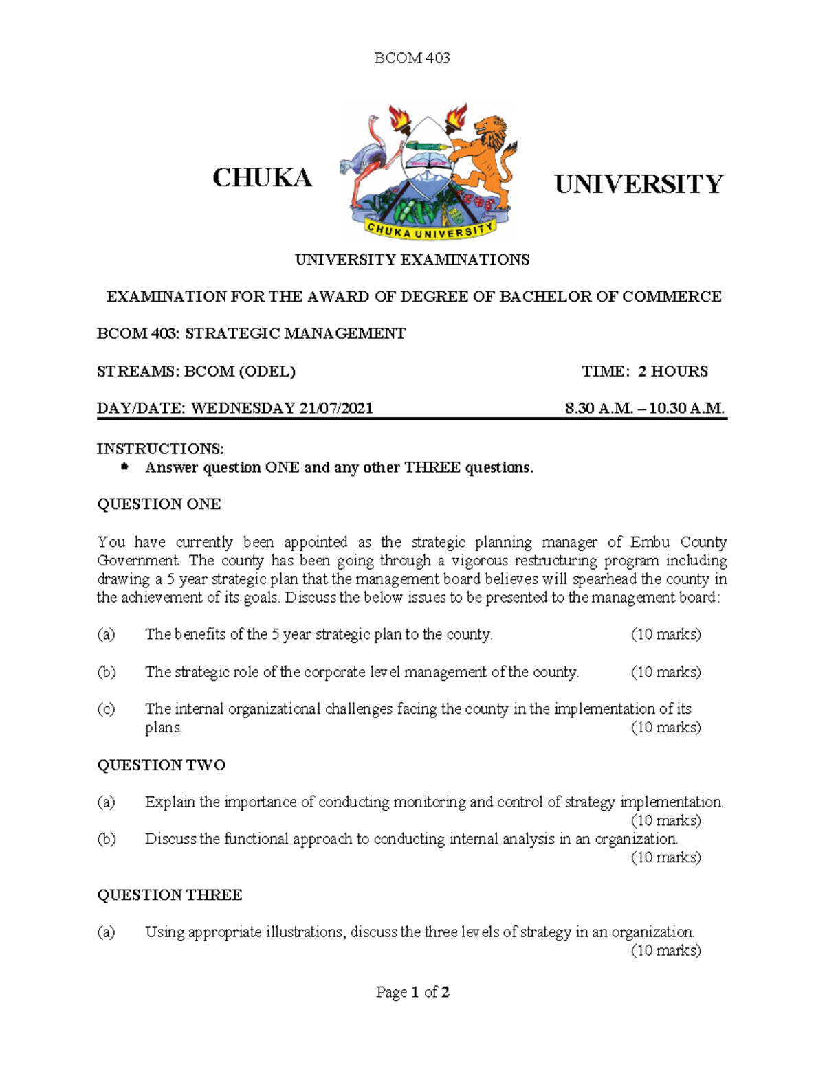 BCOM 403 (2) - Good - BCOM 403 CHUKA UNIVERSITY UNIVERSITY EXAMINATIONS EXAMINATION FOR THE ...