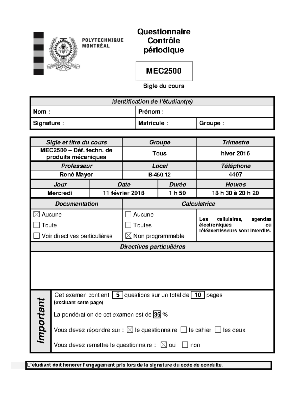 Contrôle périodique MEC2500 - Questionnaire hiver 2016 - Studocu