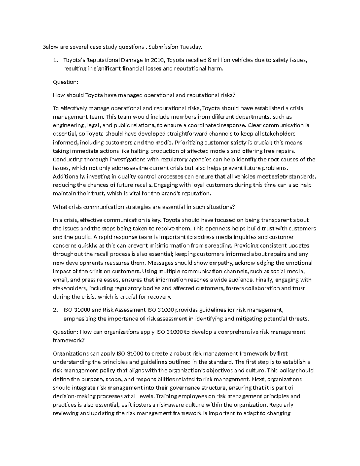 Case Study Questions on Risk Management Strategies and ISO Guidelines ...