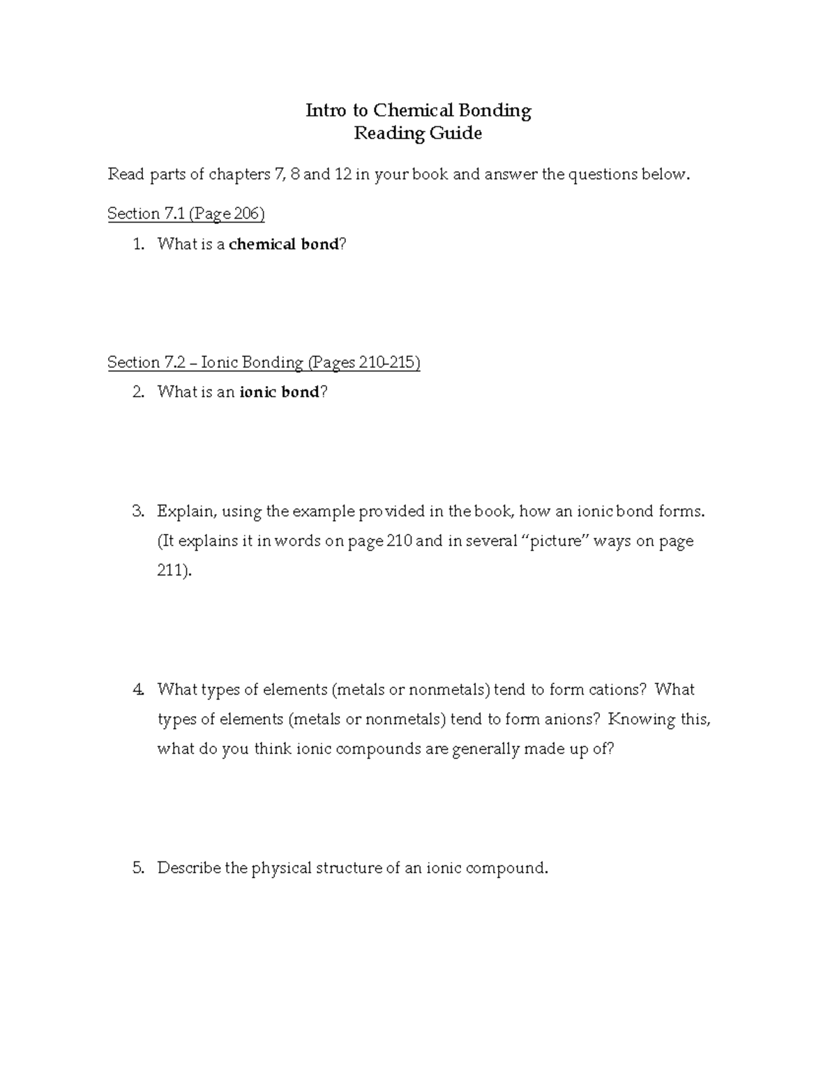 Bonding Reading Guide - Intro to Chemical Bonding Reading Guide Read ...