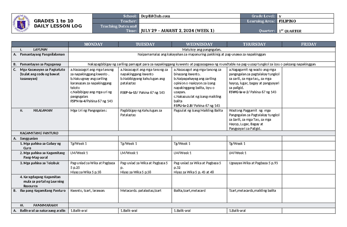 DLL Filipino 5 Q1 W1 - daily lesson log - GRADES 1 to 10 DAILY LESSON LOG School: DepEdClub ...