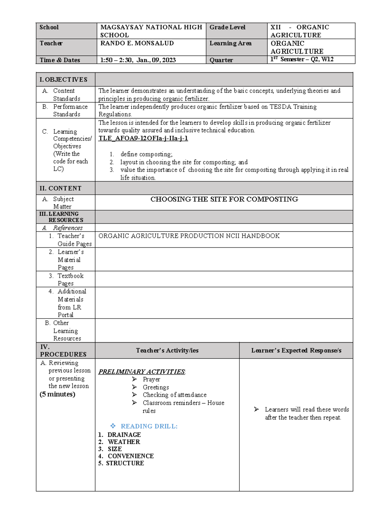 Organic Agriculture Lesson Plan: Site Selection for Composting (AGRIXII ...