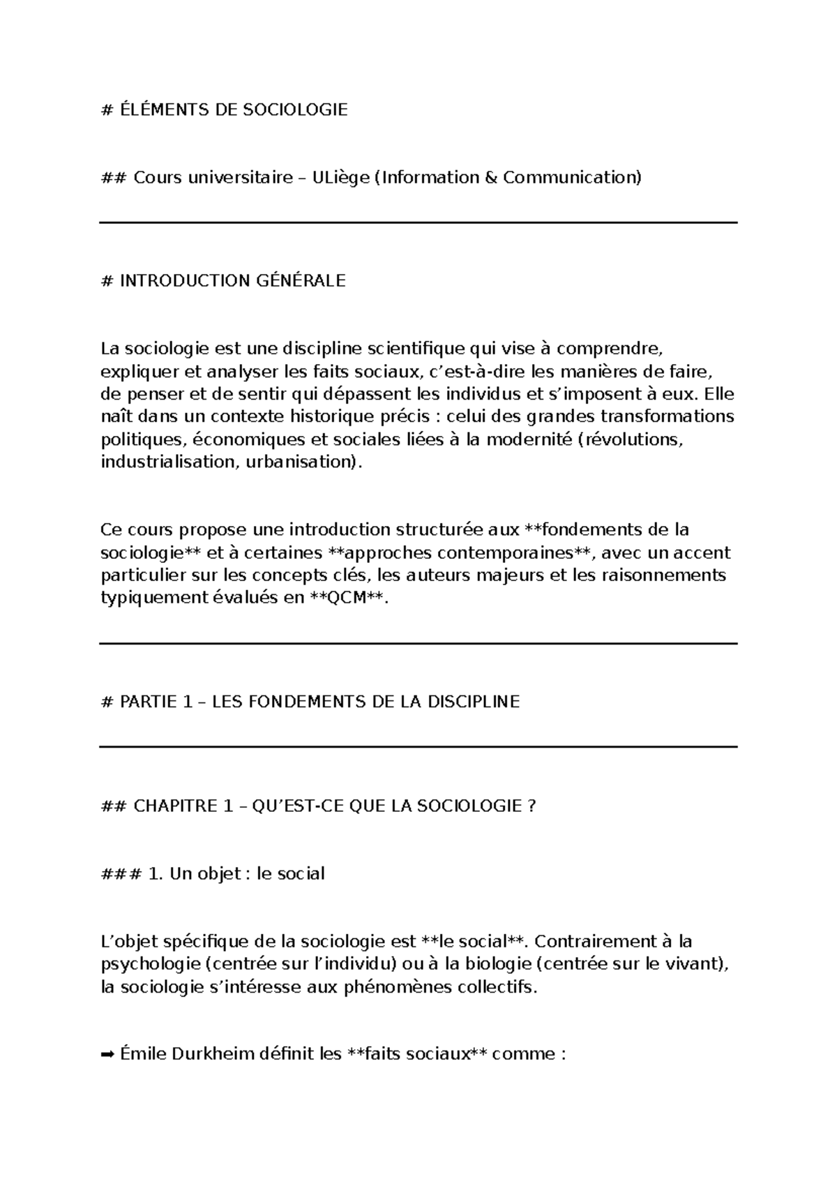 ÉLÉMENTS DE SOCIOLOGIE Examen ULiège (Information Communication) - Studocu