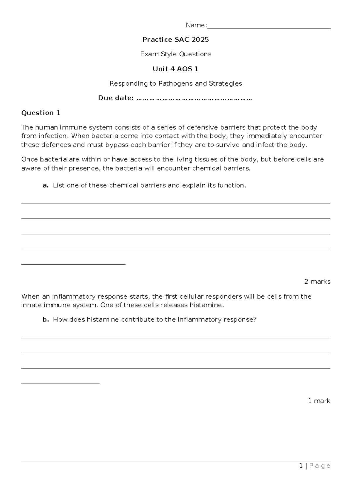 Unit 4 AOS 1 Responding to Pathogens Practice Exam Questions - Studocu