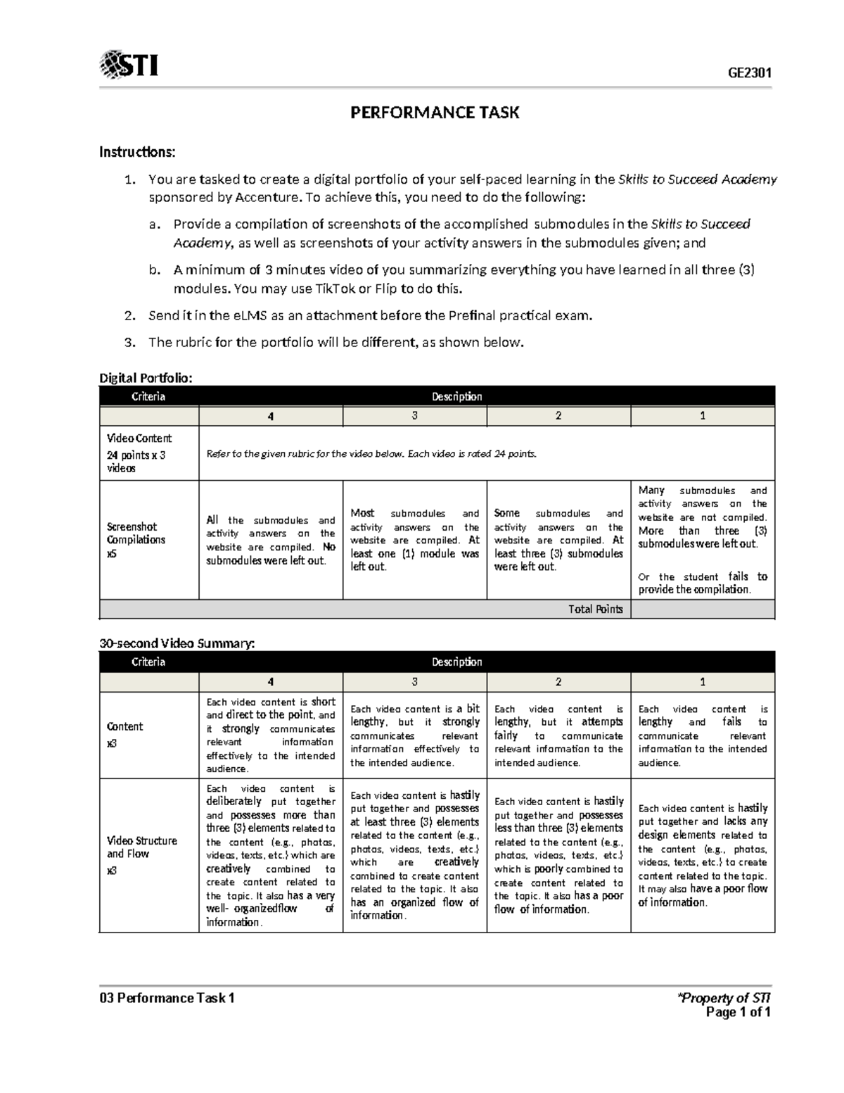03 Performance Task 1 - hehe - GE PERFORMANCE TASK Instructions: 1. You ...