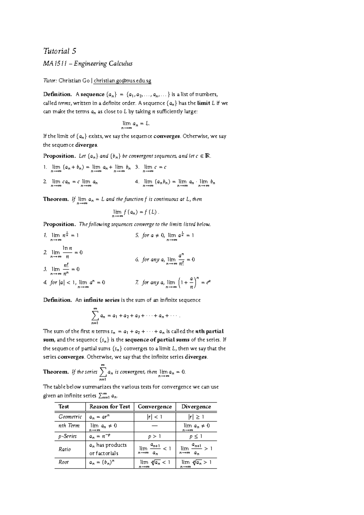 T5 - Solutions to Discussion Problems - MA1511 – Engineering Calculus Tutor: Christian Go - Studocu