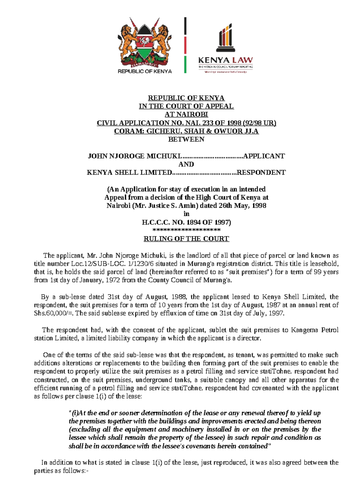 Civil Application No. NAI. 233 of 1998: Michuki vs Kenya Shell Ltd ...