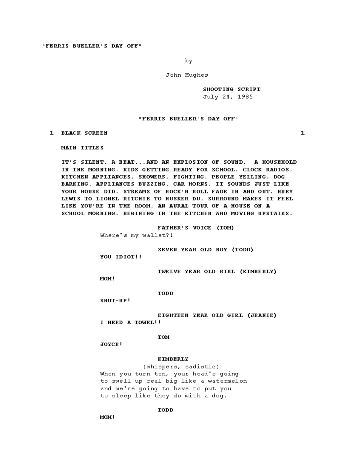 Ferris Bueller's Day Off - Shooting Script (July 24, 1985) - Studocu