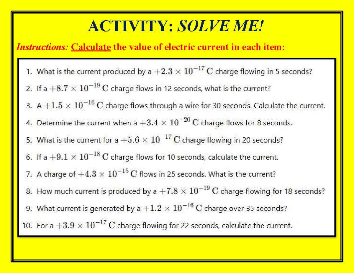 Electric current activities - mathematics 8 - ACTIVITY: SOLVE ME ...