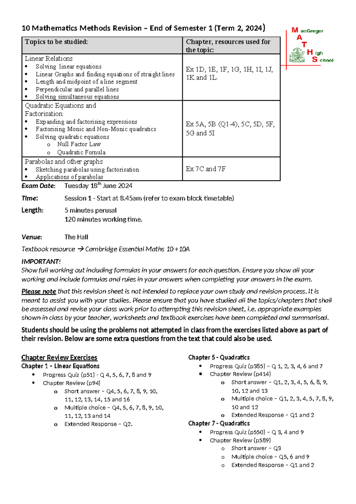 Year 10 MAM Term 2 Mathematics Revision Guide 2024 - Studocu
