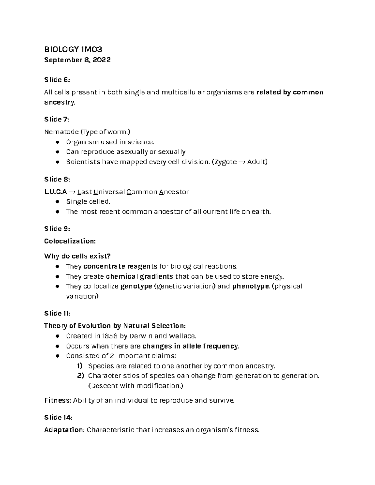 Biology 1M03: Day 2 & 3 Lecture Notes on Evolution & Cells - Studocu