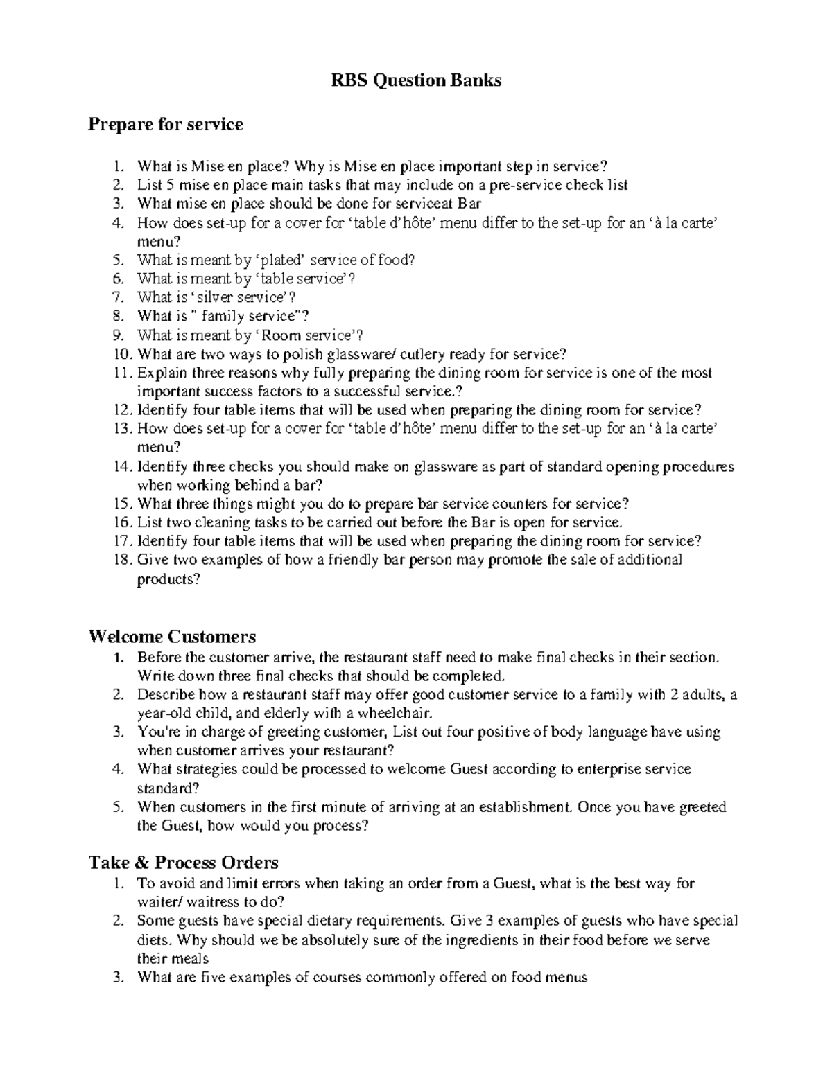 RBS Service Preparation & Customer Interaction Question Bank - Studeersnel
