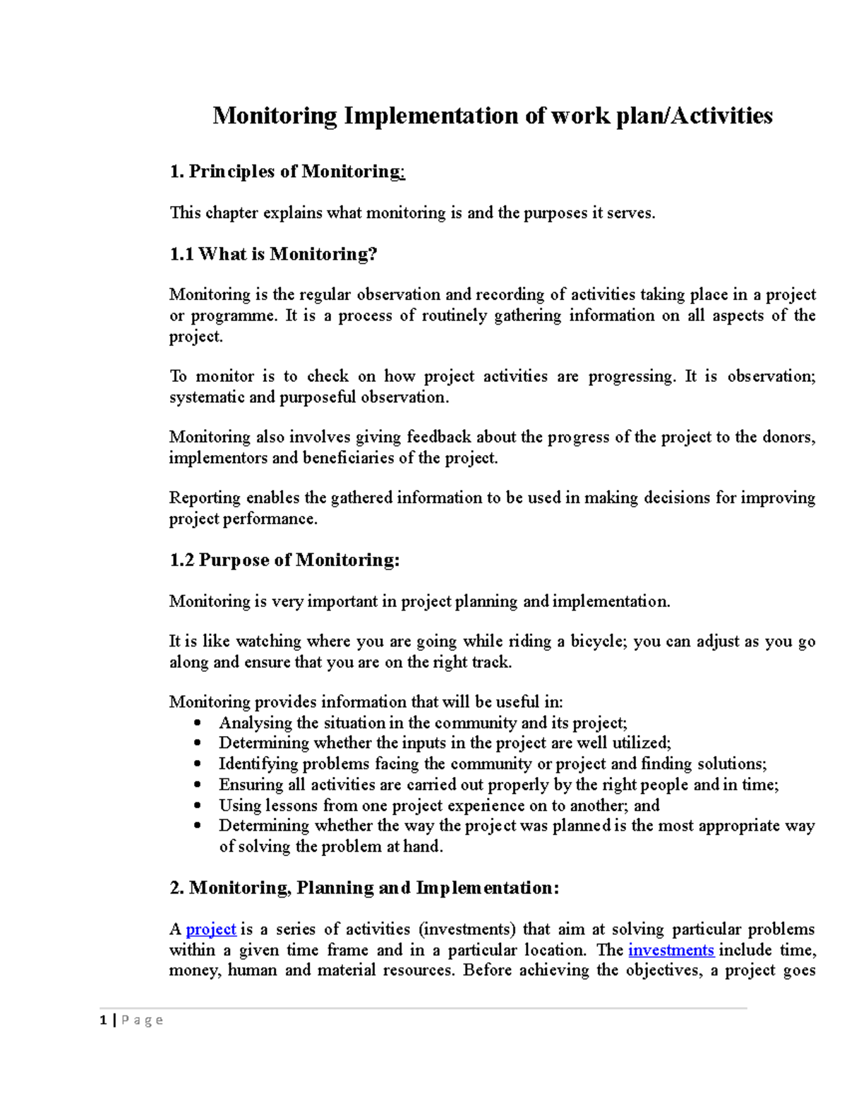 Monitoring Implementation of work plan Activities - Principles of ...