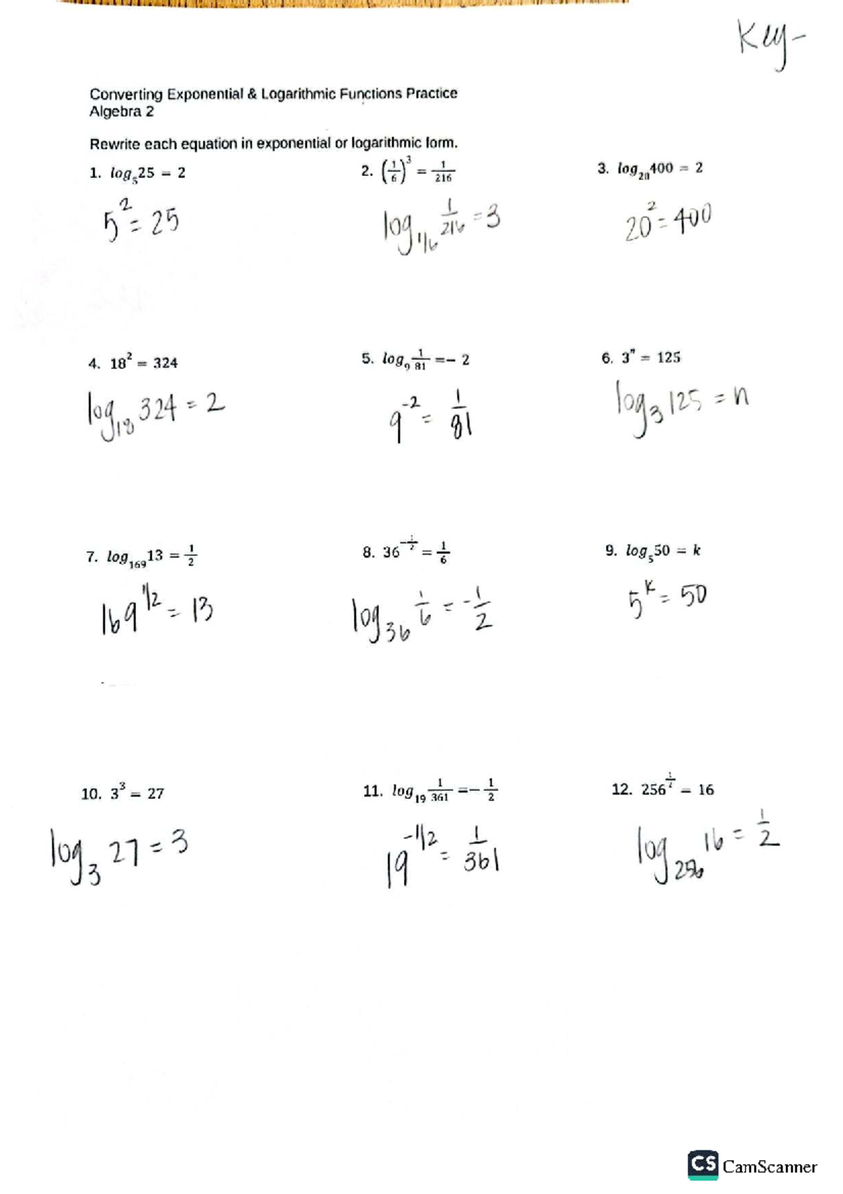 Algebra 2 - eeeeeee - Converting Exponential Logarithmic Functions ...