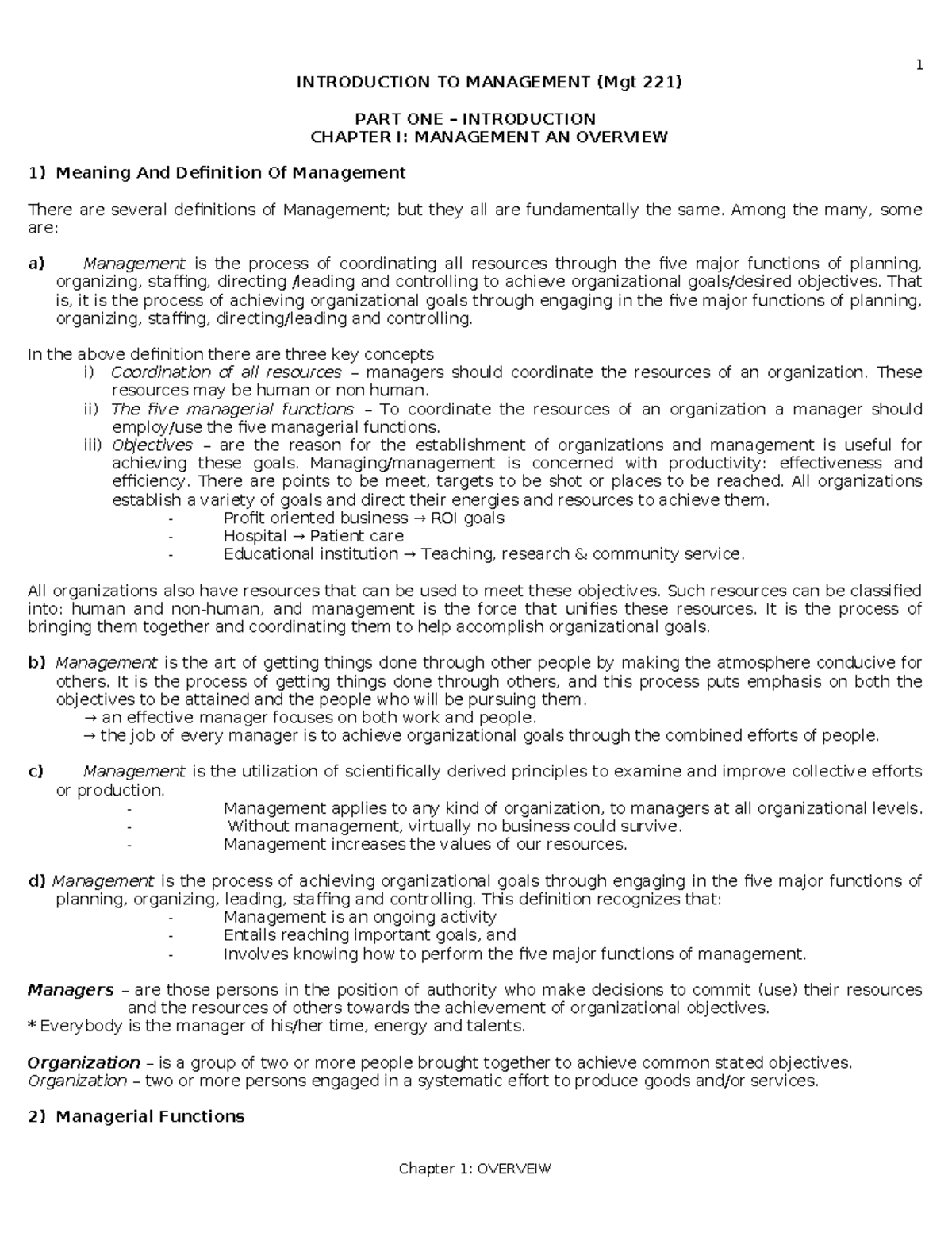 Chapter 1: Overview of Management Principles (Mgt 221) - Studocu