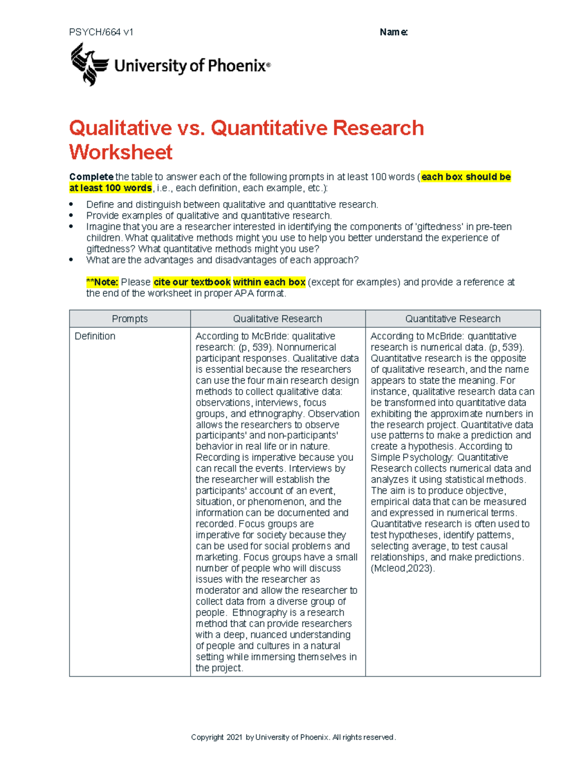 PSYCH/664 v1 Qualitative & Quantitative Research Worksheet Analysis ...