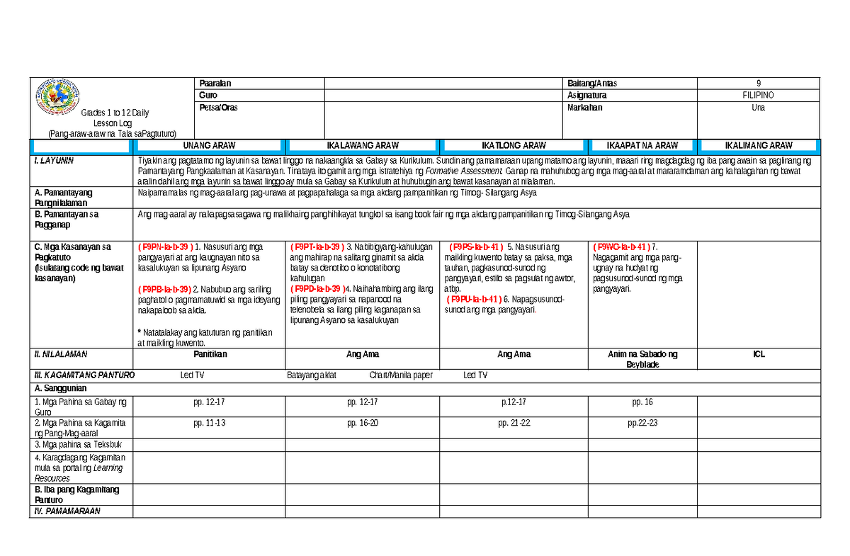 Linggo 1 - Dll - Grades 1 to 12 Daily Lesson Log (Pang-araw-araw na ...