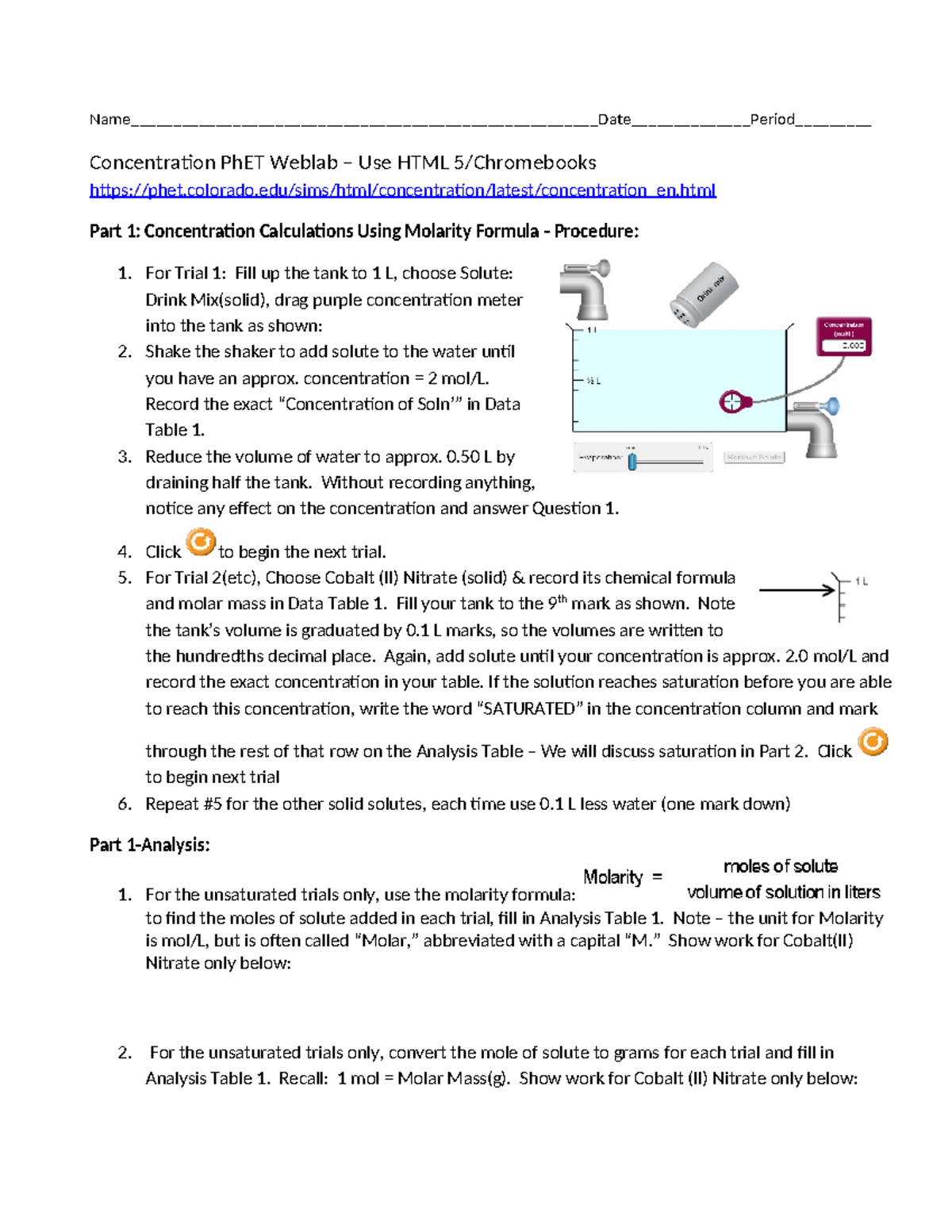 Concentration PhET Web Lab 1: Molarity Calculations & Saturation ...