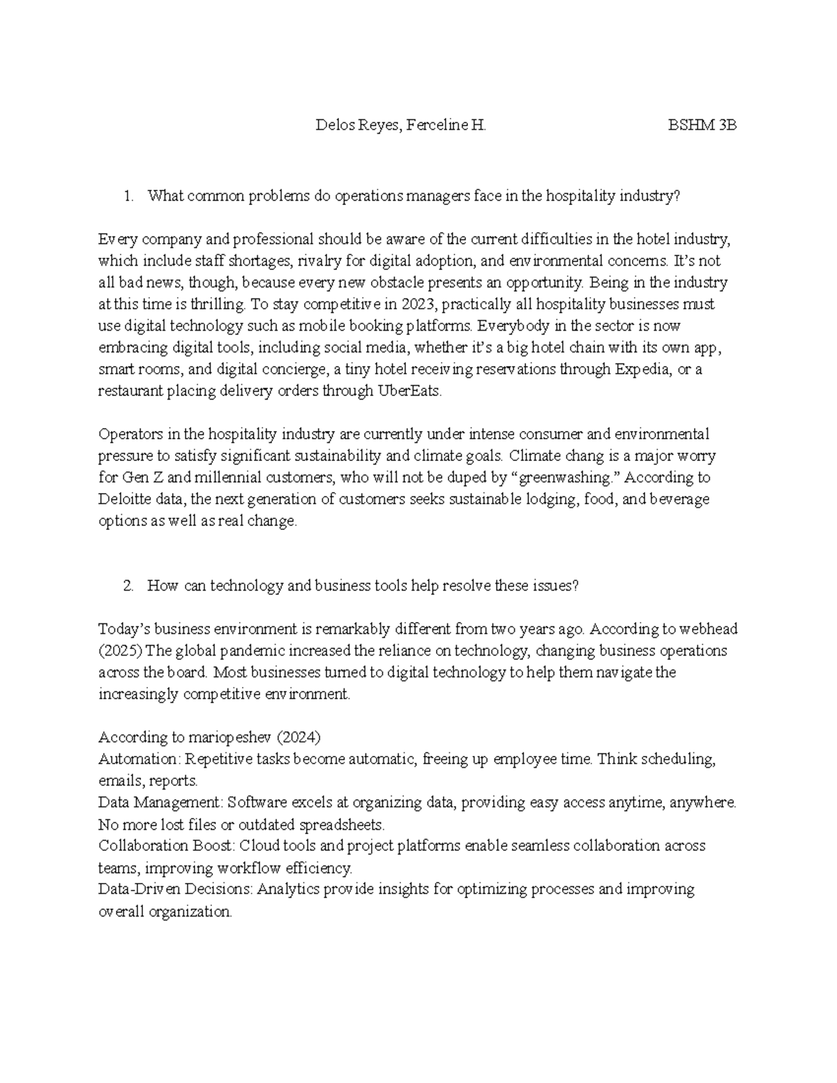 Common Challenges & Tech Solutions in Hospitality Ops (BSHM 3B) - Studocu