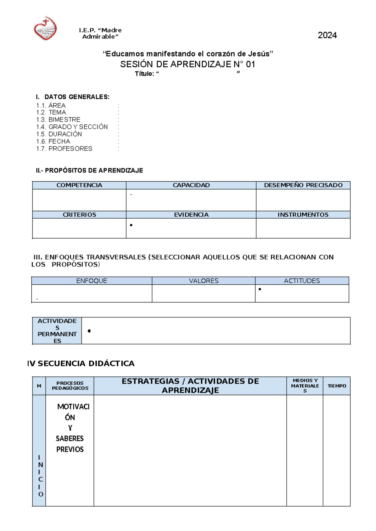 I.E.P. Madre Admirable - Sesión de Aprendizaje N° 01 (2024) - Studocu