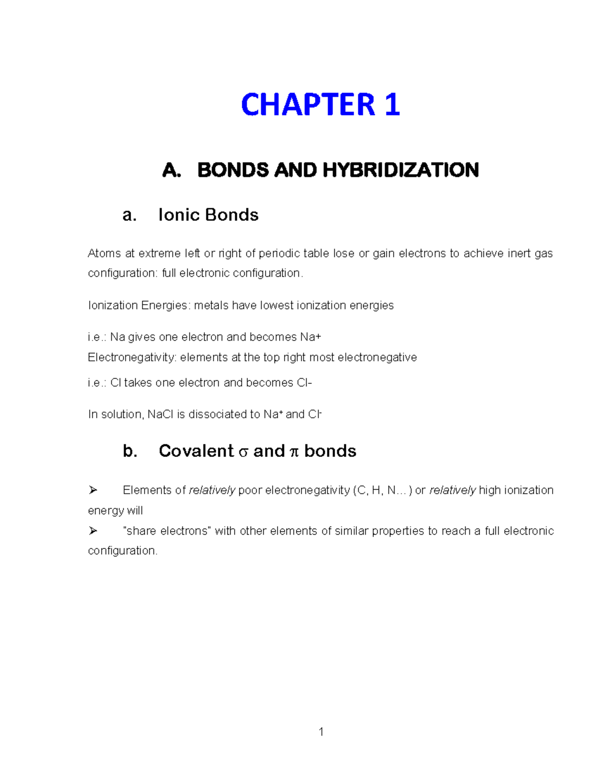 Chapter 1 - Class work - CHAPTER 1 A. BONDS AND HYBRIDIZATION a. Ionic ...