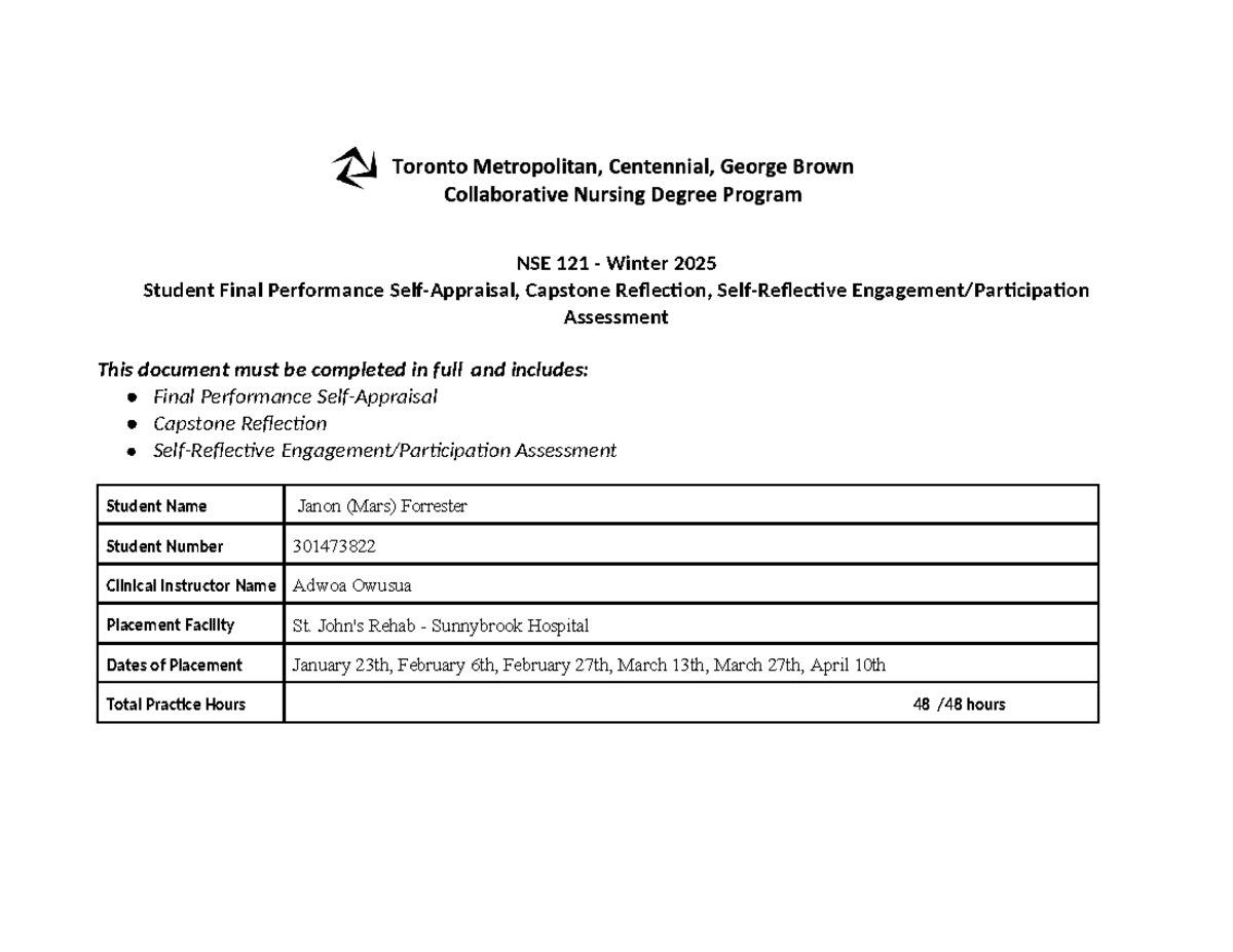 NSE 121 W25 Final Self-Appraisal & Capstone Reflection Report - Studocu