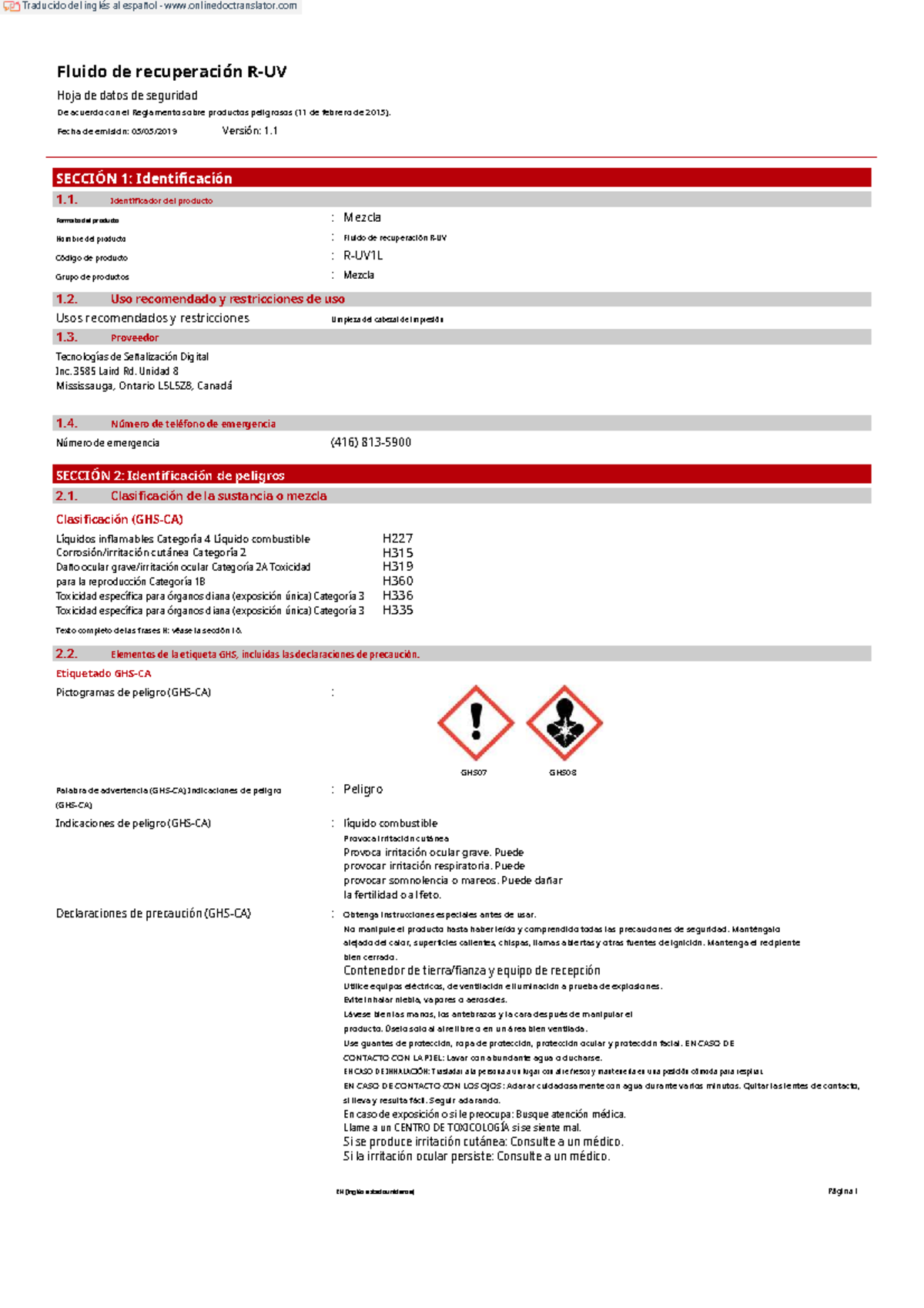 HDS R-UV Fluido de Recuperación - Hoja de Datos de Seguridad - Studocu