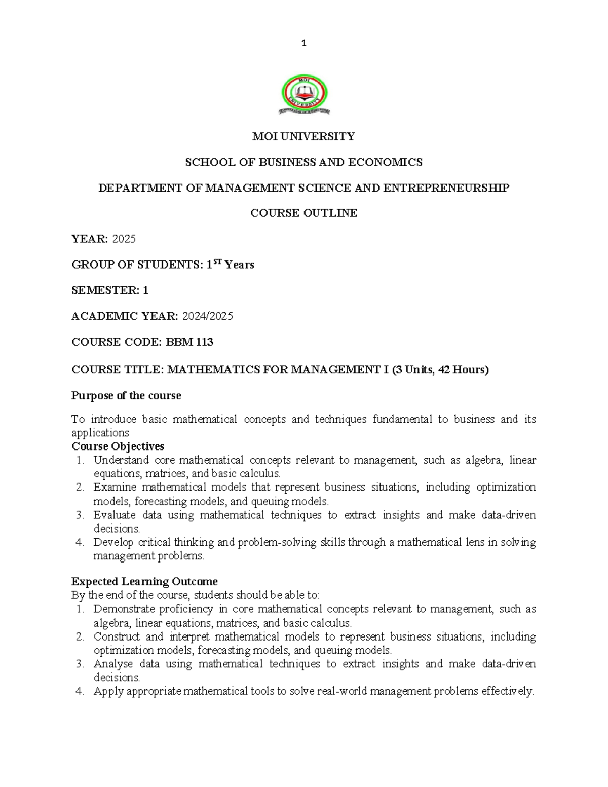BBM 113 Course Outline 2024: Mathematics for Management I - Studocu
