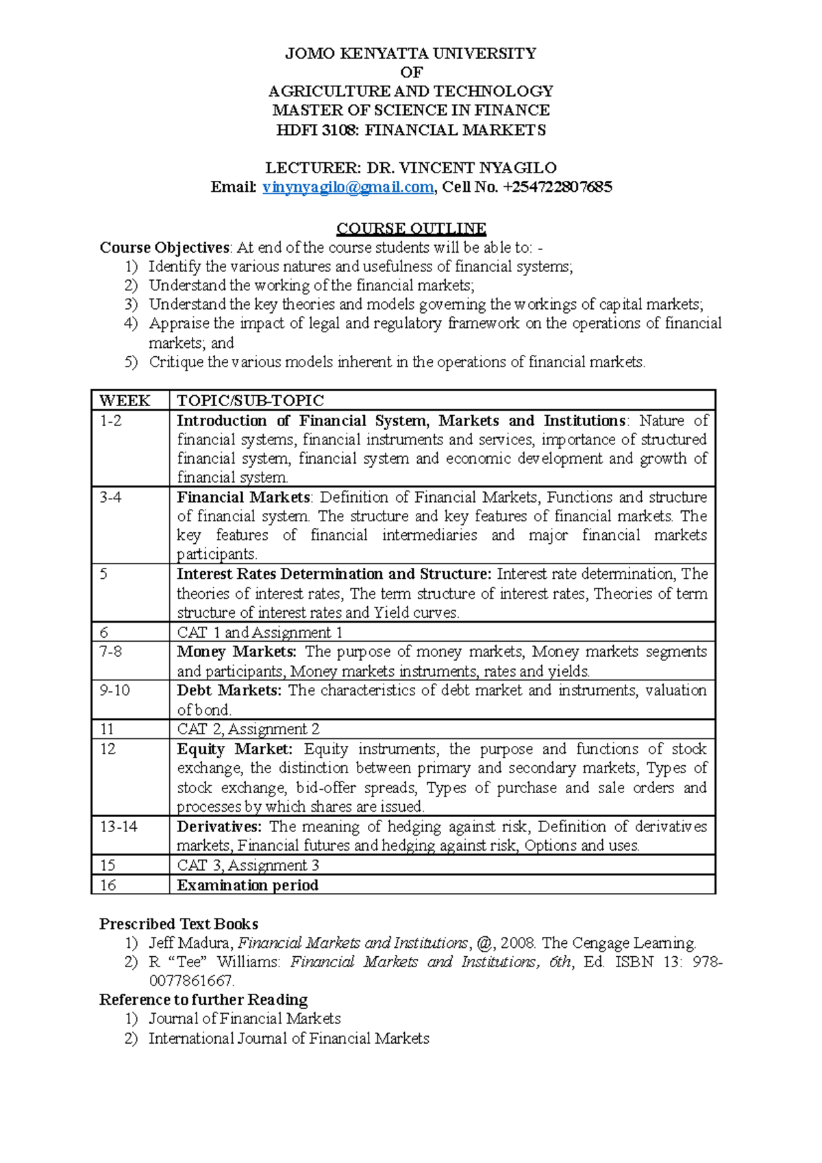 HDFI 3108-Financial Markets Course Outline - JOMO KENYATTA UNIVERSITY ...