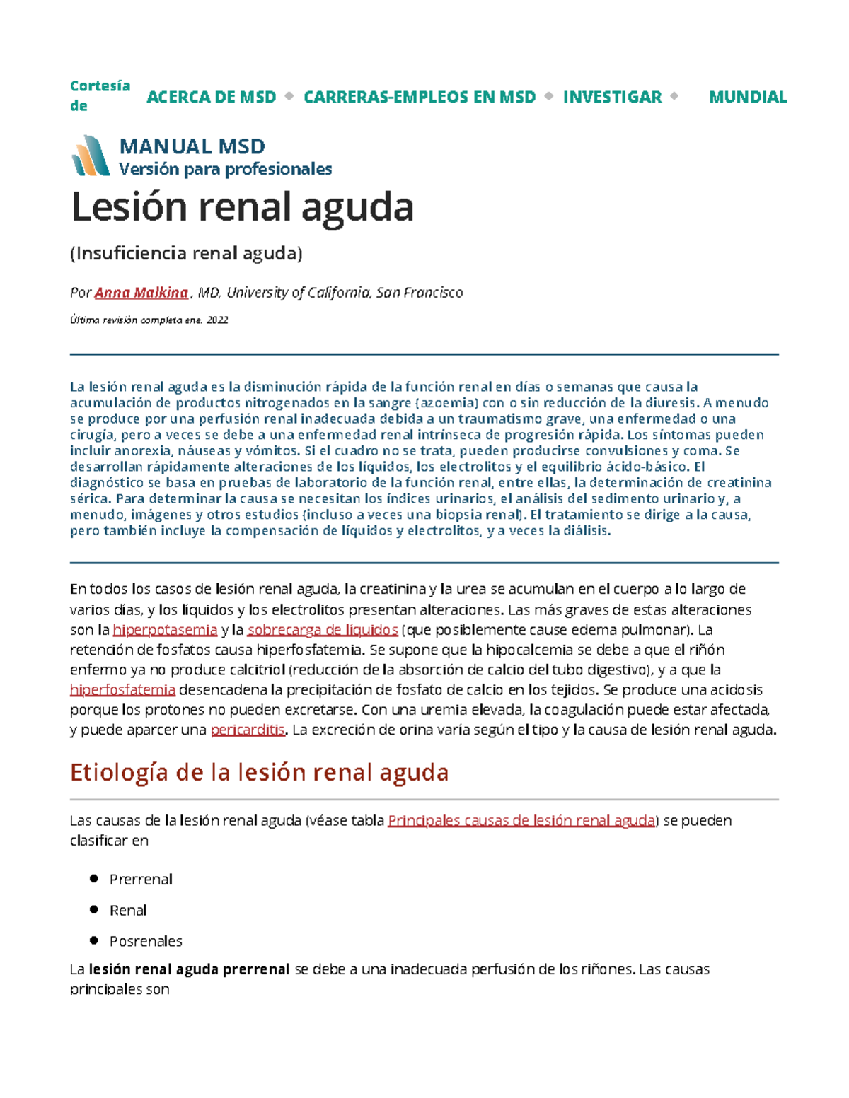 Lesión renal aguda - Trastornos urogenitales - Manual MSD versión para ...
