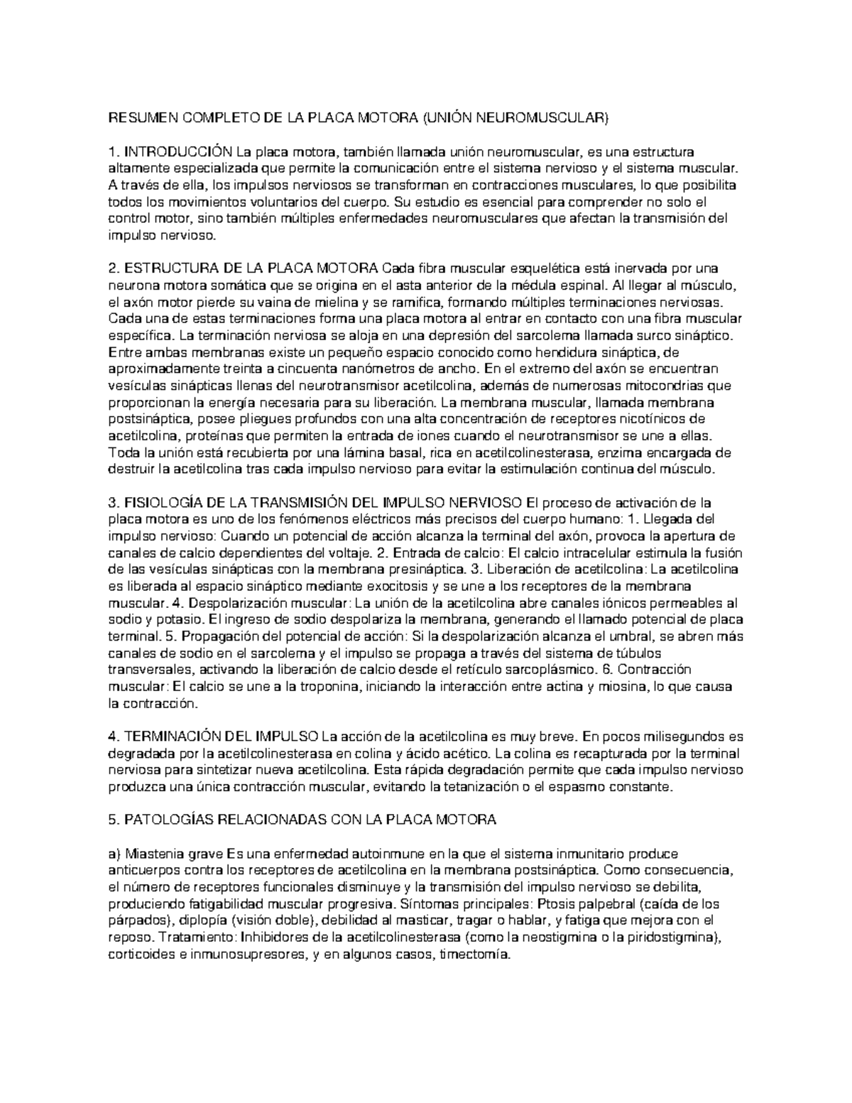 Resumen Completo de la Placa Motora (Unión Neuromuscular) - Studocu
