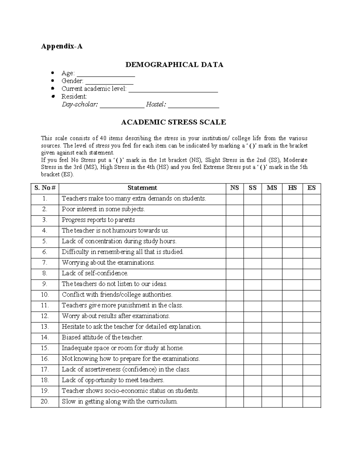 Revised Title: Academic Stress Questionnaire: A Comprehensive Scale for ...