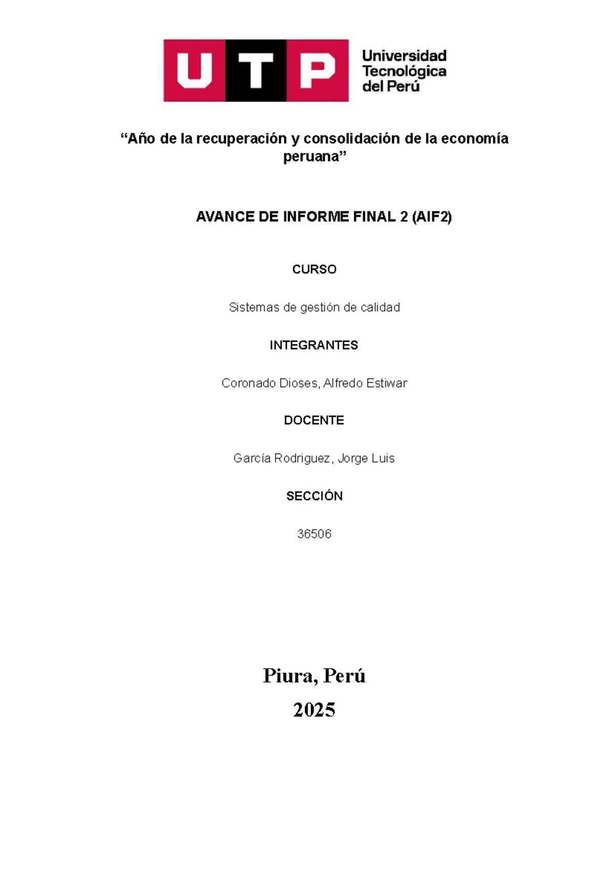 Avance de Informe Final 2 (AIF2) sobre Sistemas de Gestión de Calidad ...