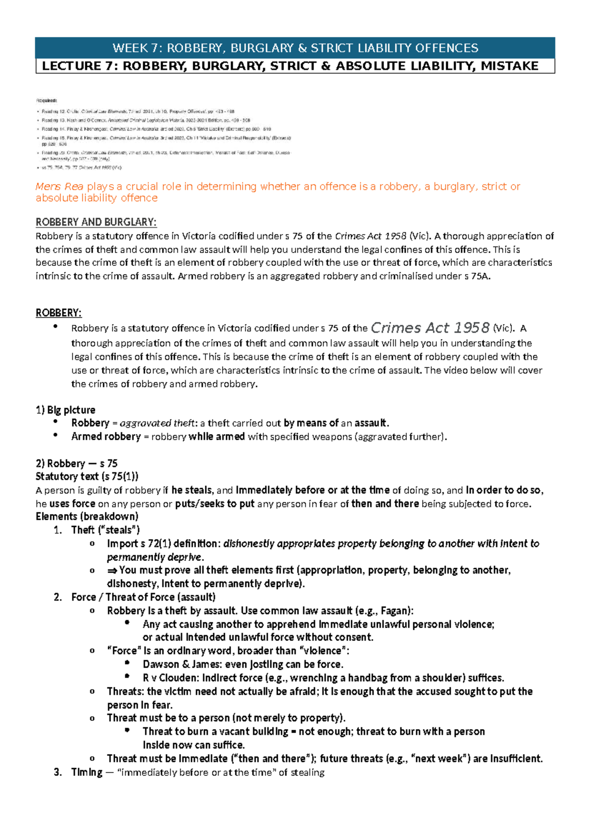 WEEK 7: LECTURE ON ROBBERY, BURGLARY & STRICT LIABILITY OFFENCES - Studocu