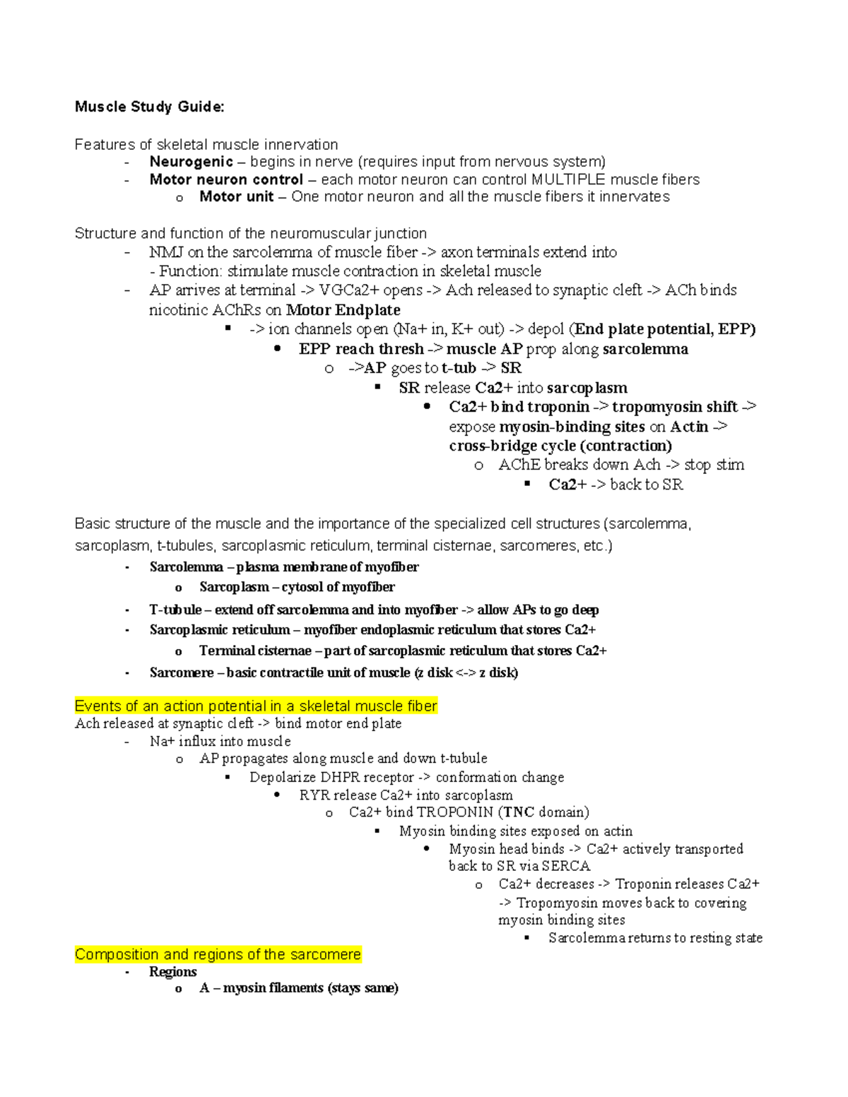 Study Guide - Muscles - Summary sheet - Muscle Study Guide: Features of ...
