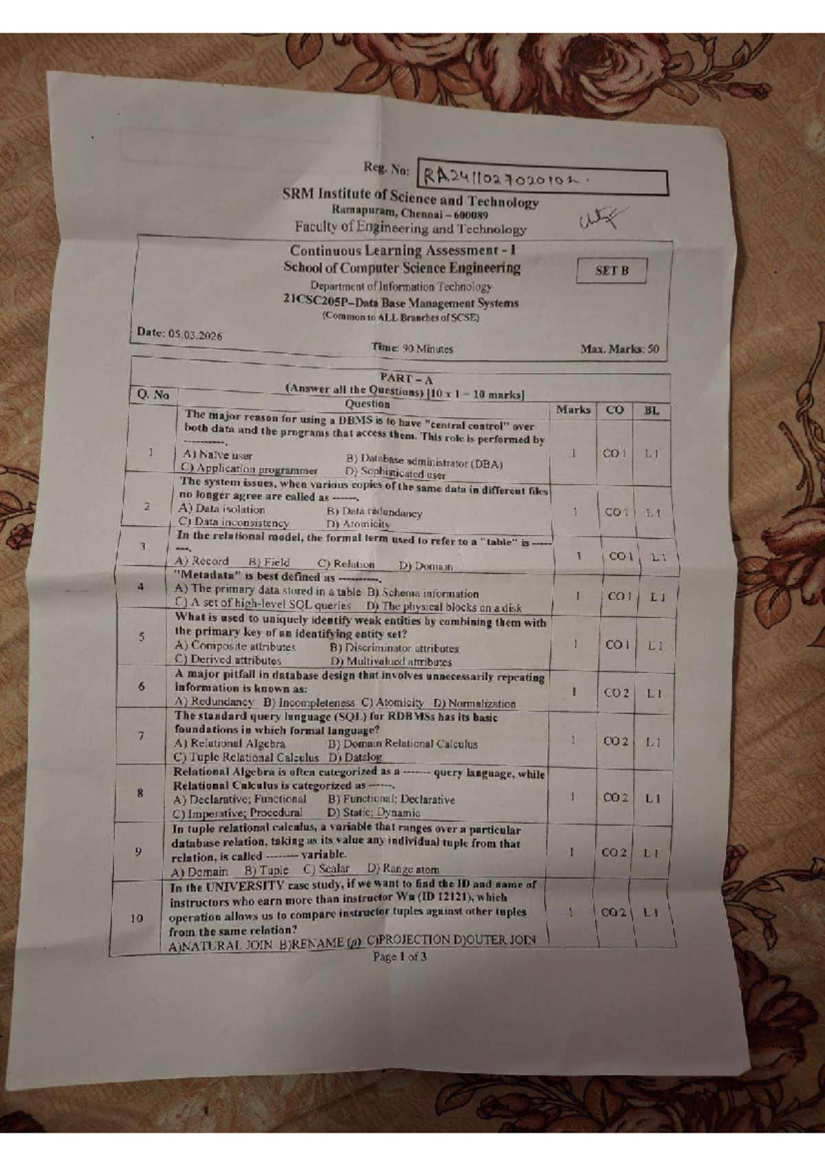 Database Management Systems CLA 1 Question Paper - Studocu