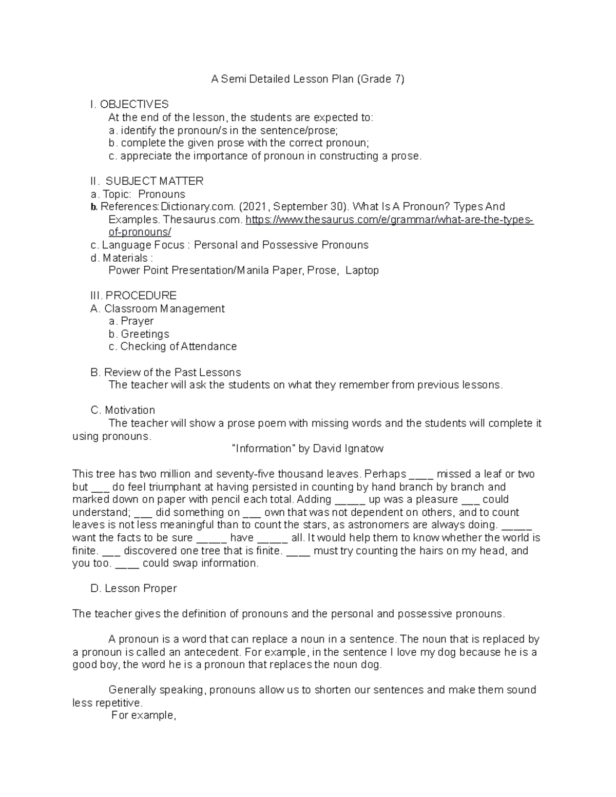 Semi Detailed Lesson Plan Prose - A Semi Detailed Lesson Plan (Grade 7 ...