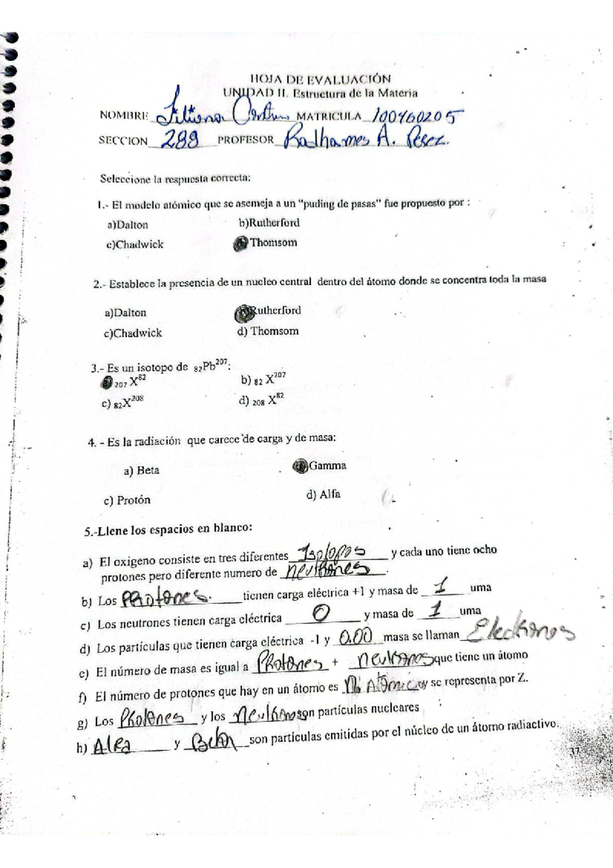 Evaluación de Química: Modelo Atómico y Números Cuánticos (100460205 ...