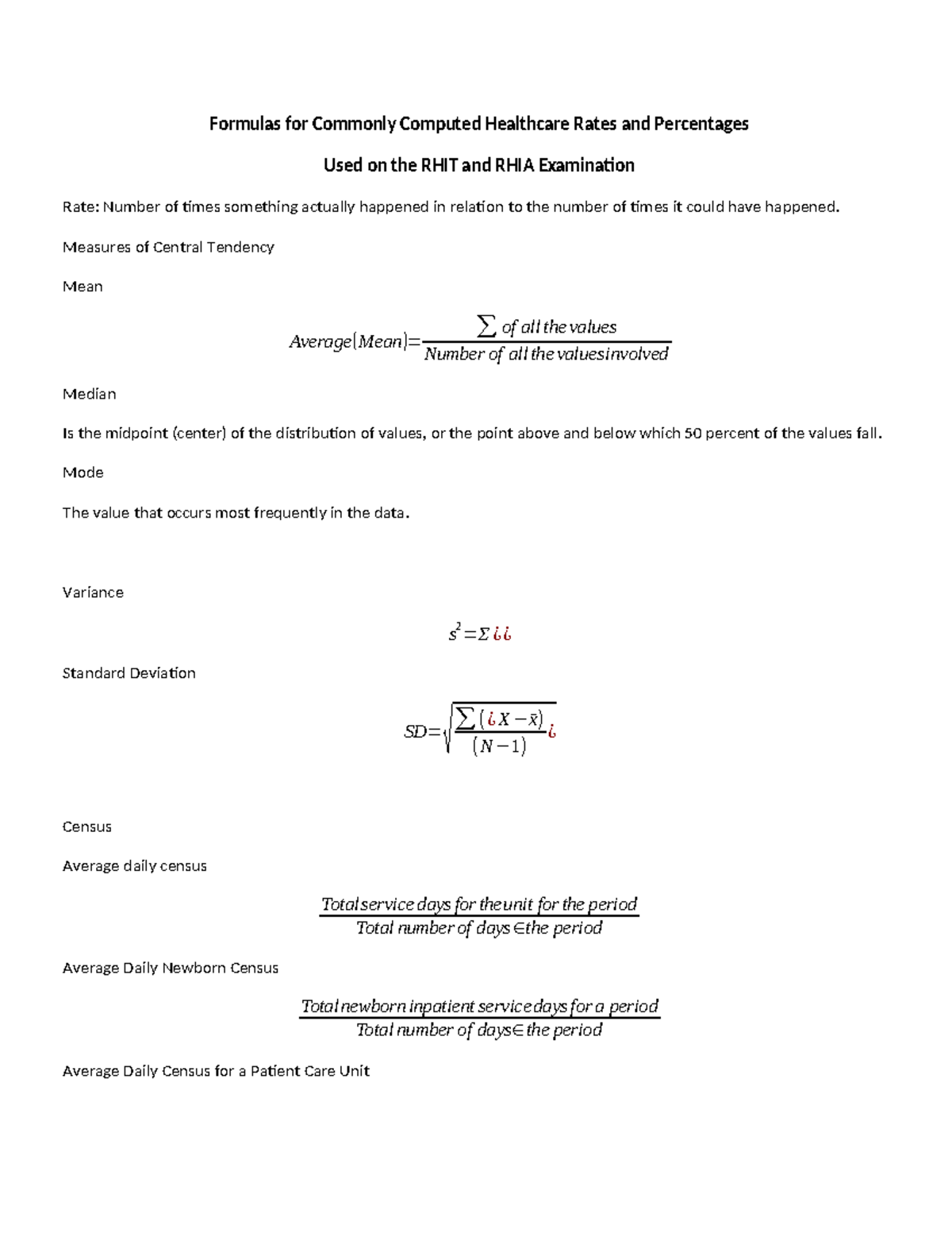 RHIT/RHIA Hospital Statistics Basic Formulas and Calculation Methods ...
