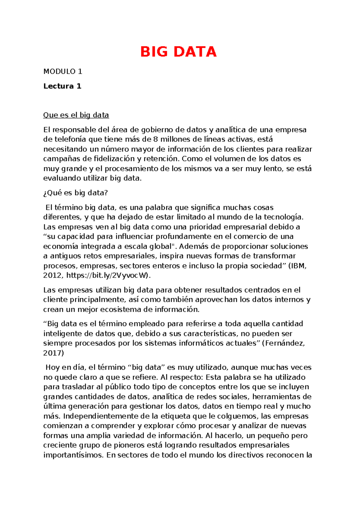 BIG DATA MODULO 1: Resumen y Características Esenciales - Studocu