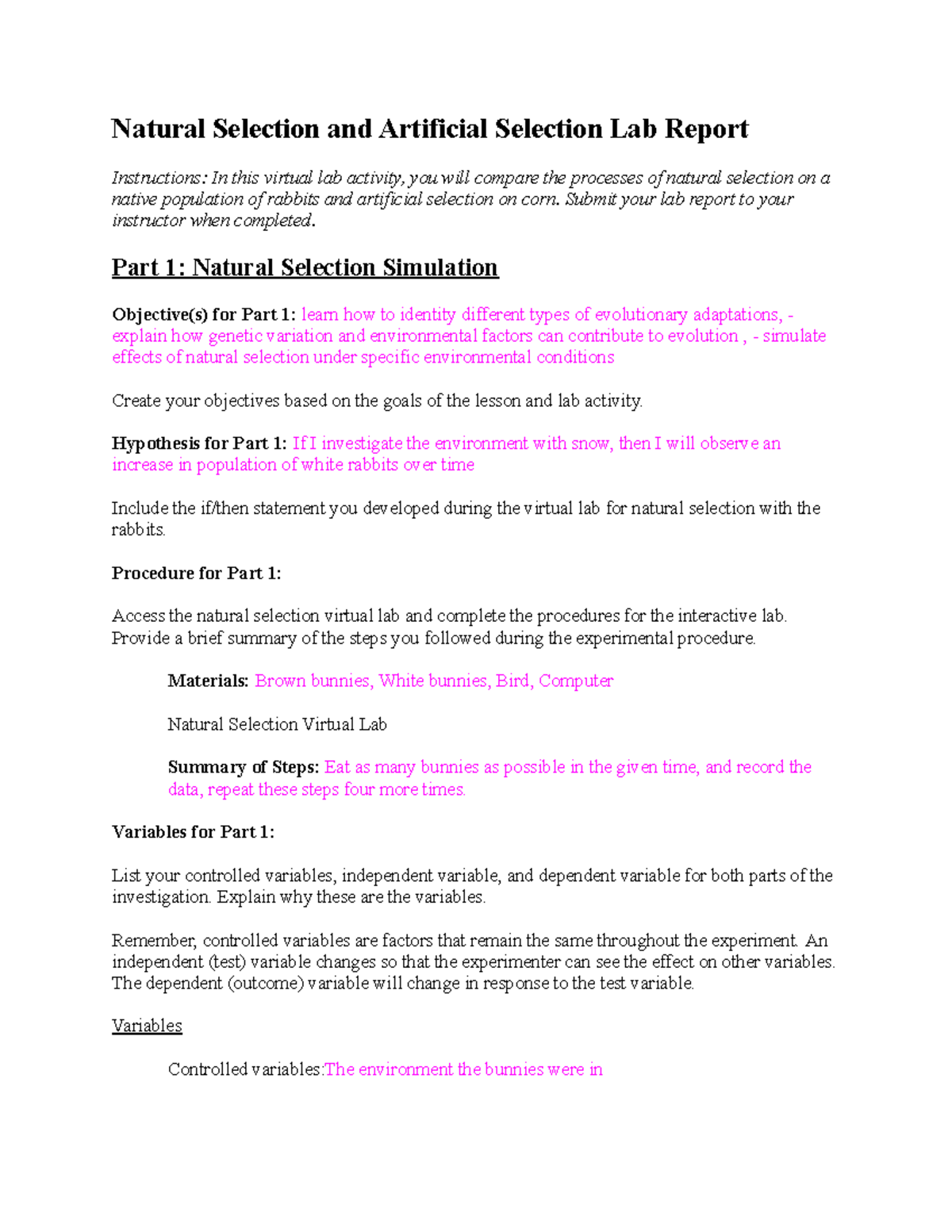 Natural and Artificial Selection Lab Report (Course Code: 07 02) - Studocu