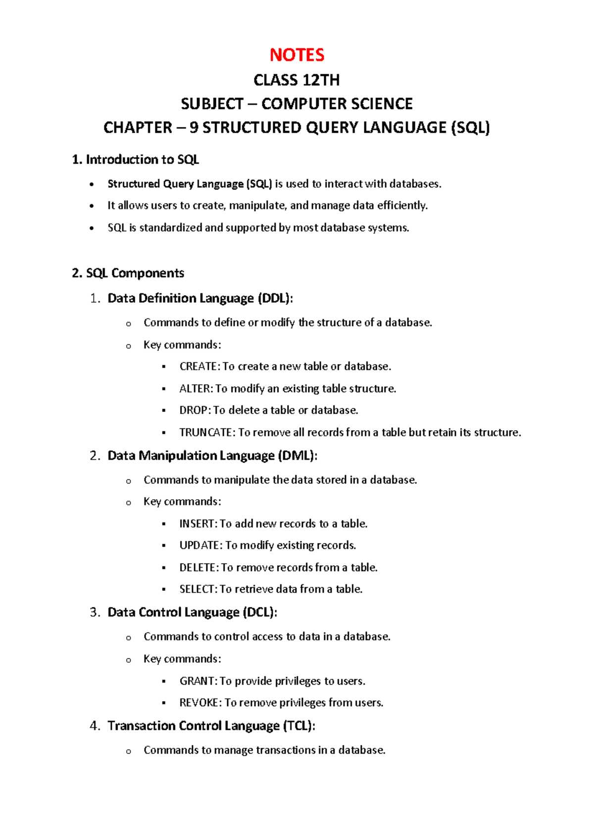 Class 12 Computer Science CHAP 9 SQL Notes (2024-25) - Studocu