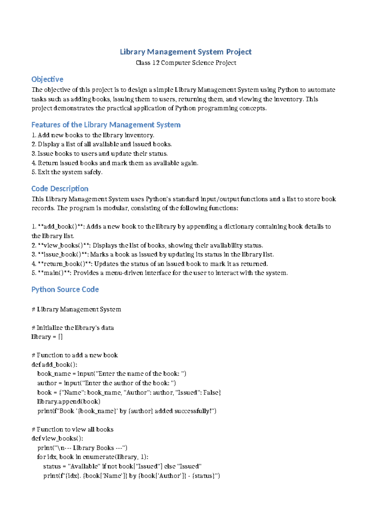 Class 12 CS Project: Library Management System Overview - Studocu
