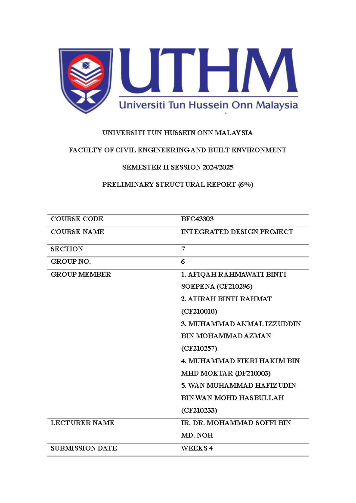 Preliminary Structural Report for Integrated Design Project BFC - Studocu