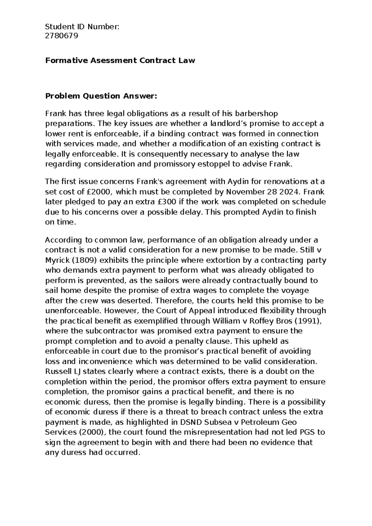 Formative Assessment: Contract Law Analysis and Case Studies - Studocu